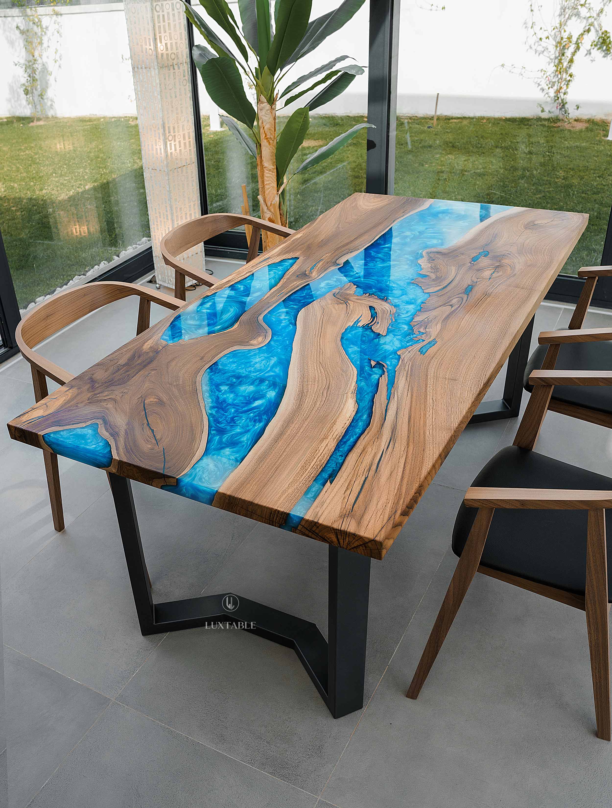 Walnut resin dining table with blue epoxy 185x90cm Wave – LUXTABLE